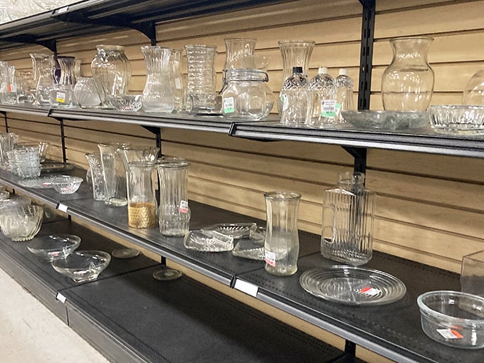 Crystal clear opportunities line these shelves – vintage glassware that would cost a fortune elsewhere sits patiently waiting for new homes.