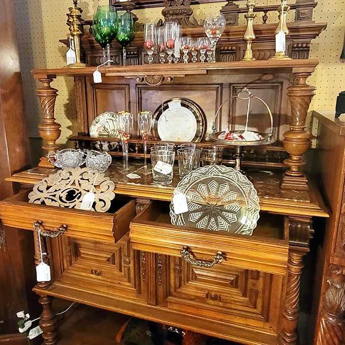 Crystal and glass treasures catching light and memories. Somewhere, there's a dinner party from 1965 missing these conversation pieces.