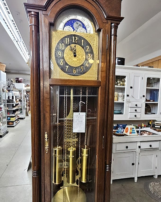 This grandfather clock doesn't just tell time—it's witnessed it. Those brass weights and moon phase dial have been marking moments since before digital anything existed.