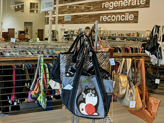 The handbag section—where purses get their second chance at romance. That dog-adorned tote is practically begging, "Take me home and fill me with treats!"