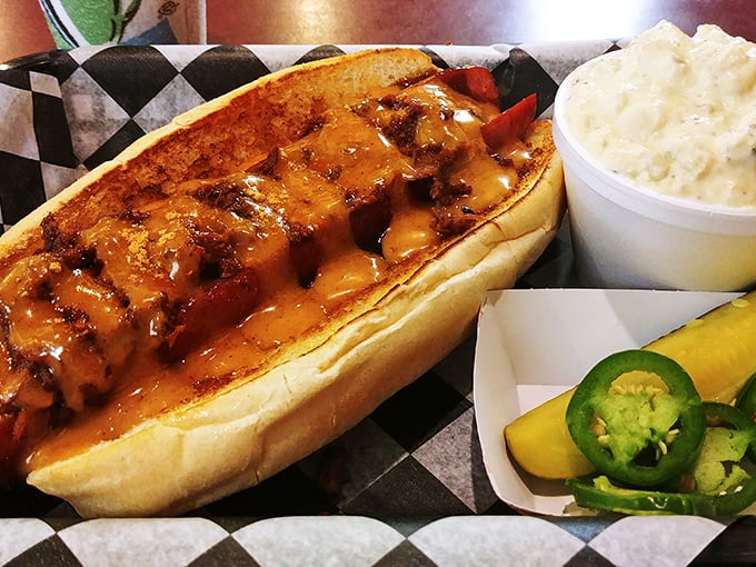 That's not just a hot dog – it's a smoke-kissed masterpiece lounging in a pillowy bun with potato salad standing by for backup. 