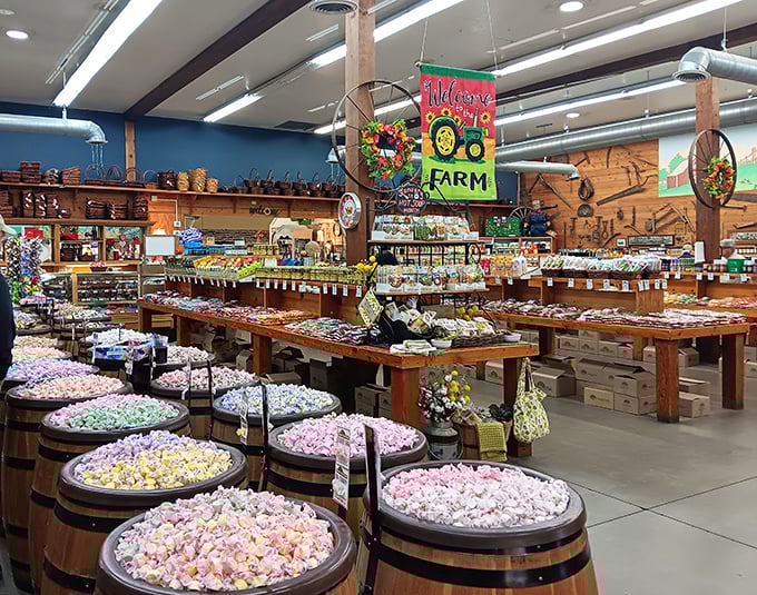 Wooden barrels overflow with colorful taffy while nut displays stretch toward the horizon – a candy-lover's fever dream come true.