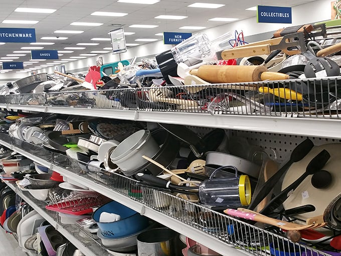 The kitchenware aisle resembles an archaeological dig through America's culinary history—from vintage Pyrex to gadgets whose purpose remains delightfully mysterious.