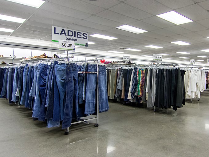 The ladies' section offers denim in every shade of blue imaginable, from "barely worn" to "perfectly broken in" at prices that feel like highway robbery.
