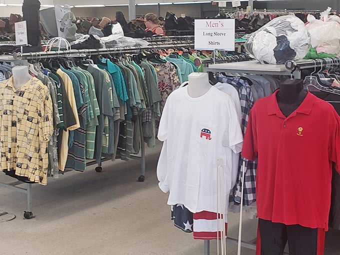 The men's section—where Hawaiian shirts that Jimmy Buffett would envy mingle with corporate castoffs seeking second careers.