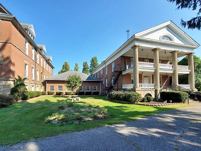 Stately columns and a grand portico give this section of Madison Seminary the air of a Southern plantation that somehow landed in northeastern Ohio.