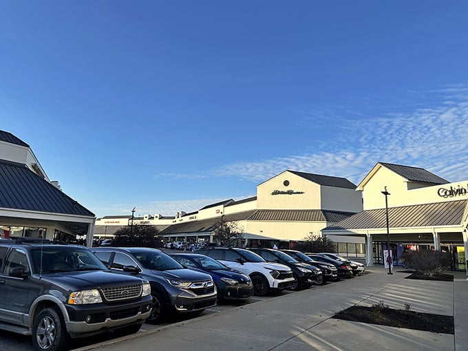 Blue skies and ample parking—the unsung heroes of any successful shopping expedition. Calvin Klein beckons in the distance.