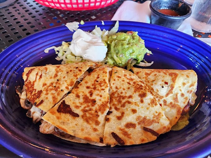 This quesadilla isn't playing games—golden-brown tortilla giving way to melty cheese and savory fillings, with guacamole standing by for backup.