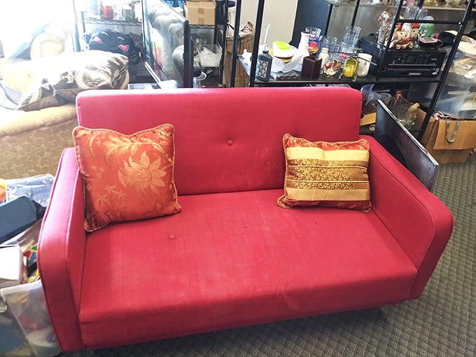 This mid-century inspired red sofa could star in "Mad Men: Florida Edition"—just add a cocktail and your favorite streaming service.