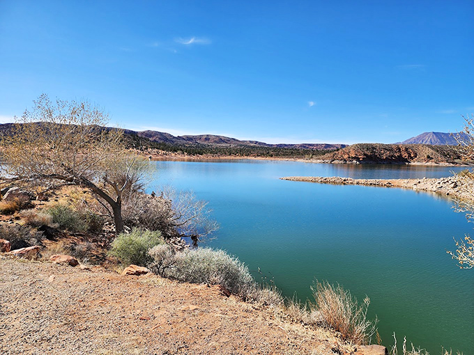 Fifty shades of blue against a canvas of rusty reds. Gunlock Reservoir's crystal waters offer a refreshing contrast to the sun-baked landscape.