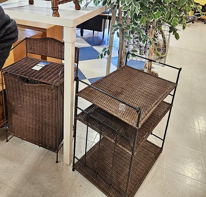 Furniture finds await the patient hunter. That wicker hamper might just be the missing piece your entryway needs—at a fraction of retail price.