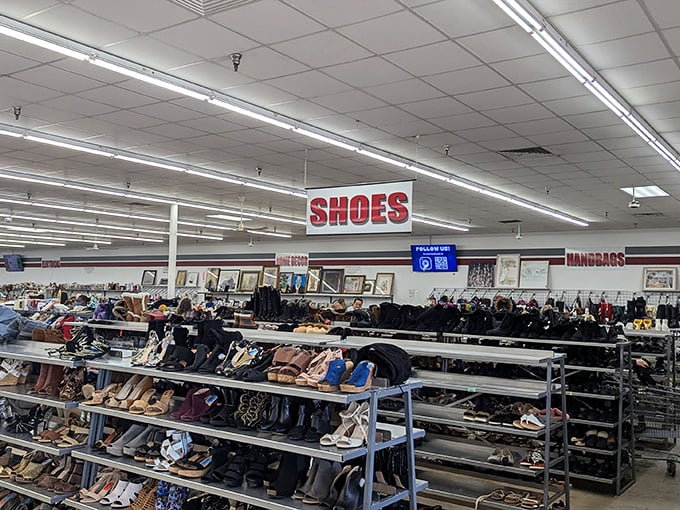 The shoe section: where Cinderella's glass slipper might be hiding between sensible loafers and that pair of vintage cowboy boots you didn't know you needed.