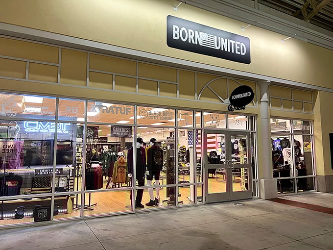 Born United's storefront beckons with patriotic flair—proof that outlet shopping has evolved from fluorescent-lit warehouses to carefully curated retail experiences worth the drive.