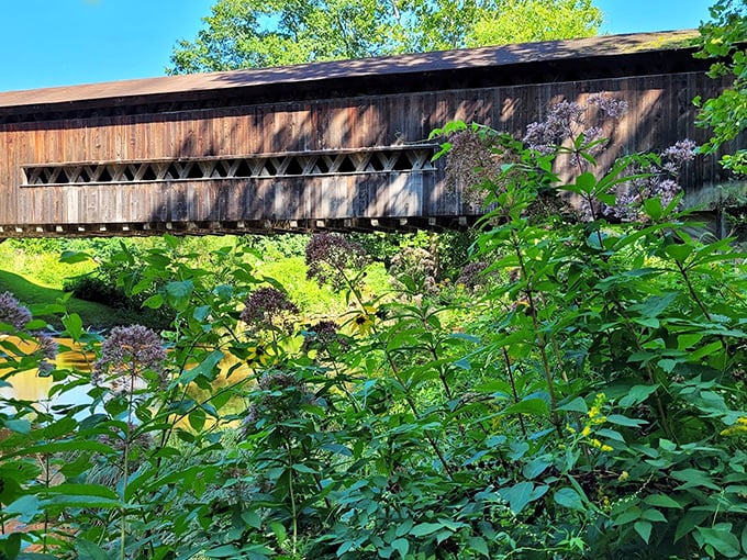 Nature doesn't just surround this bridge—it embraces it. Those wildflowers are practically giving the structure a standing ovation.