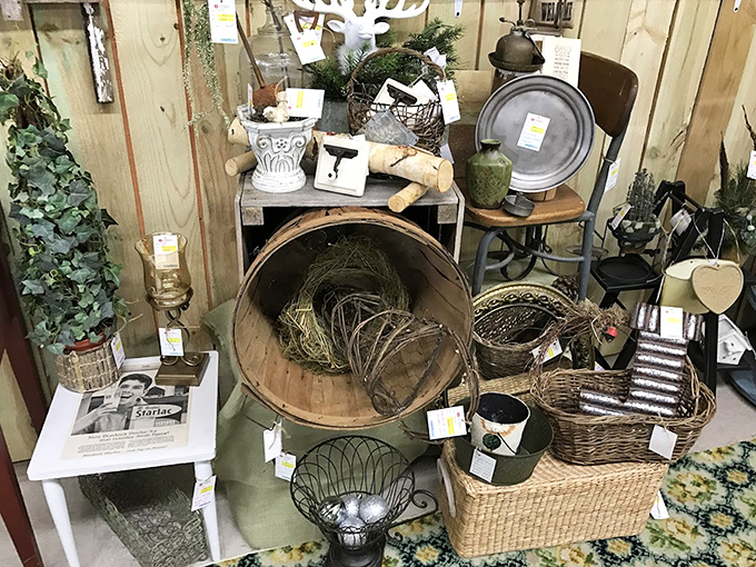 Rustic meets whimsical in this carefully curated booth. That wooden barrel has probably seen more history than most history books.