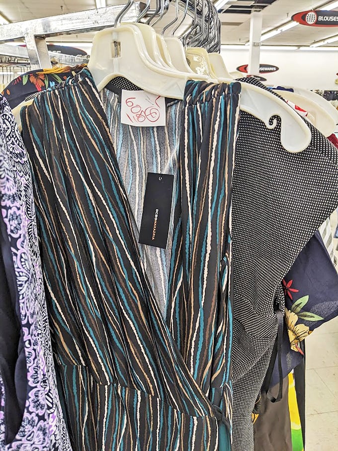 Fashion's greatest hits, making encore performances. This striped wrap dress still has its tags—someone's shopping regret becomes your closet's gain.