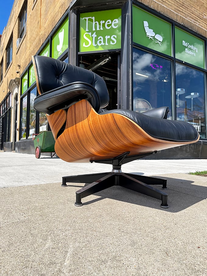 The Eames lounge chair—mid-century royalty holding court outside the shop. Like seeing a celebrity casually hanging out on the sidewalk.