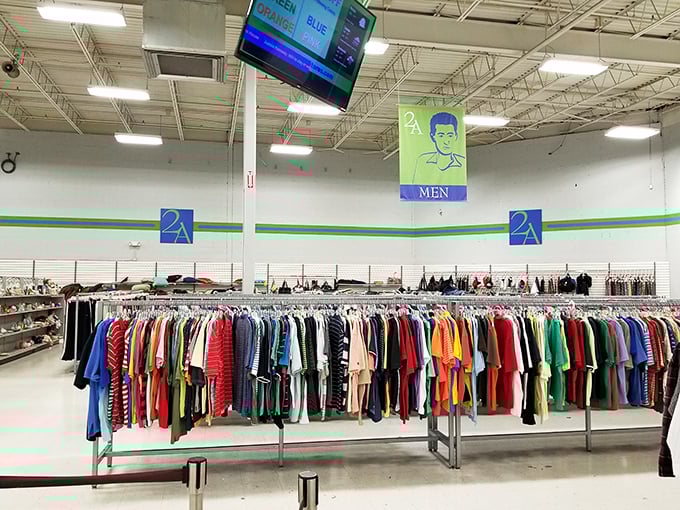 The men's clothing section: a rainbow coalition of t-shirts organized with military precision rarely seen in thrift stores.