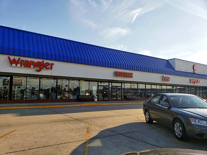 The Wrangler storefront stands ready to outfit you in denim without demanding your retirement fund.