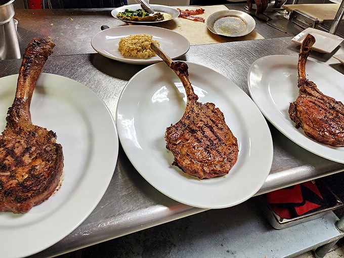 These tomahawk steaks aren't just dinner; they're prehistoric-looking meat lollipops that Fred Flintstone would approve of.