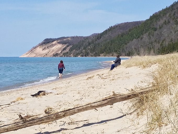 Beach walkers find solitude along the shoreline, dwarfed by the magnificent bluffs that tell Michigan's ancient glacial story.