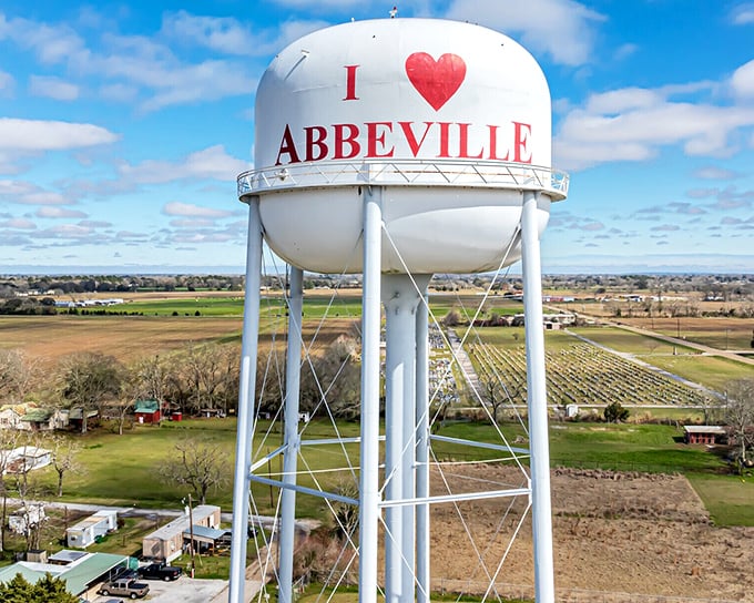 Nothing says "small-town pride" quite like a water tower proclaiming love for its community—Abbeville's landmark greeting visible for miles around.