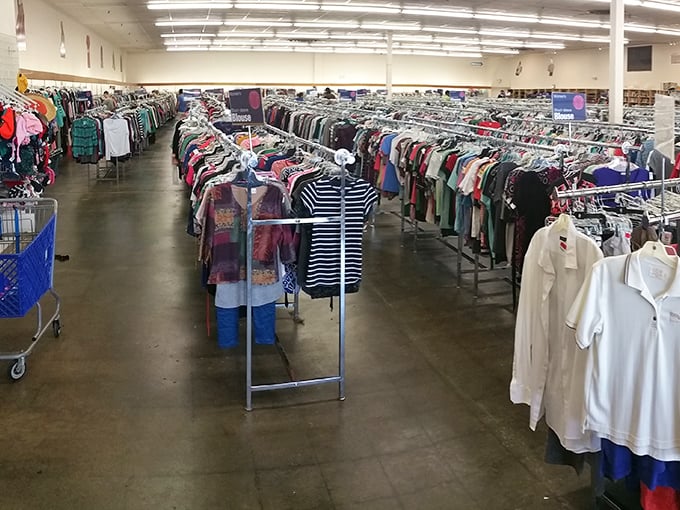 The clothing section stretches toward infinity—a textile universe where yesterday's fashion splurges become today's affordable style statements.