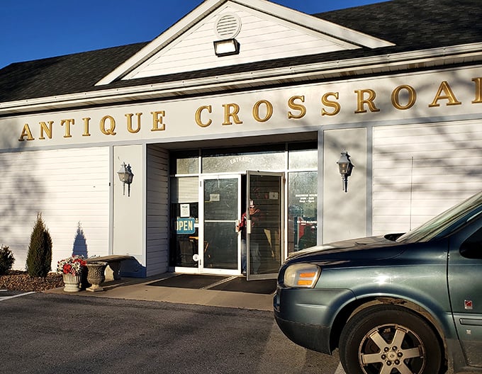 Antique Crossroads' clean white exterior hides a labyrinth of vintage wonders – like finding a time portal in a suburban neighborhood.