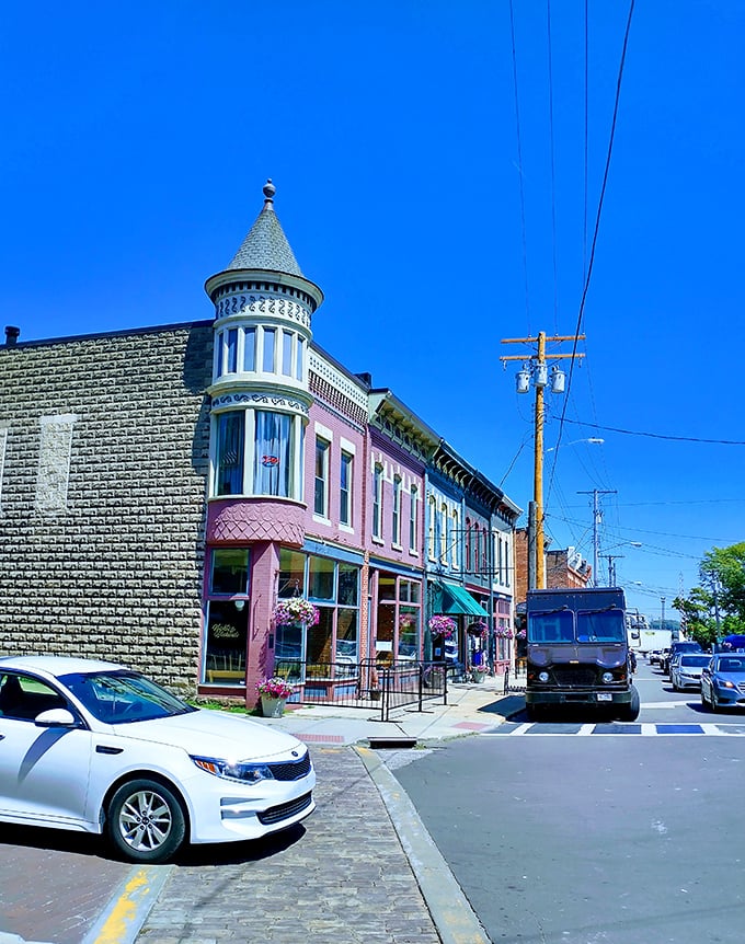 Ashtabula's pink corner turret is the architectural equivalent of that one friend who refuses to be boring—and we love them for it.