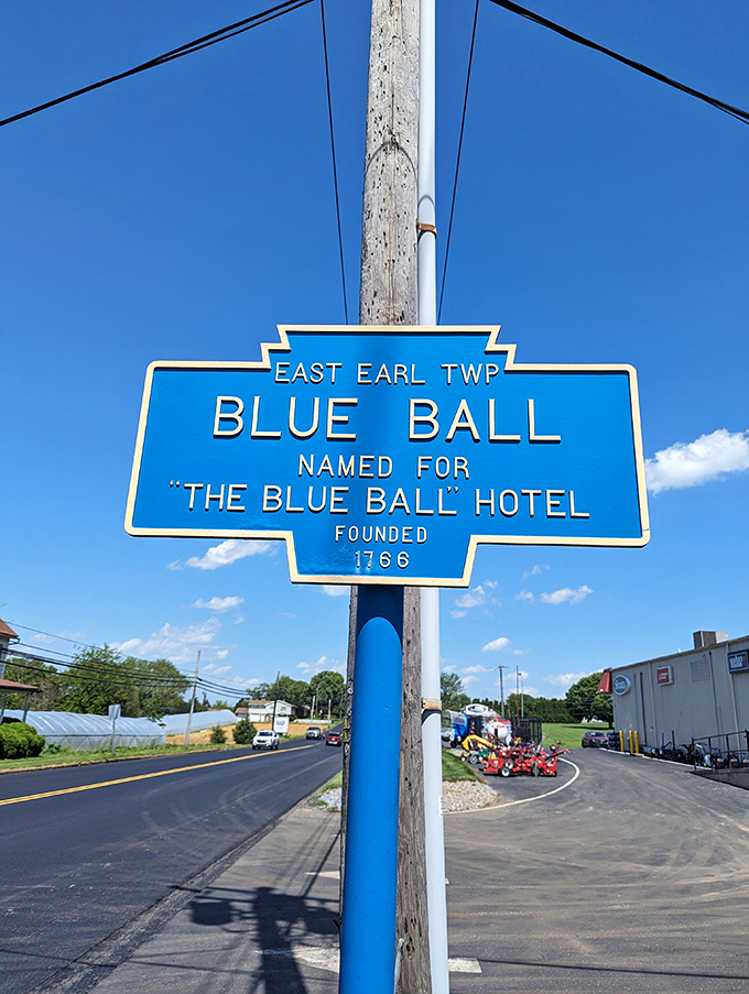 Blue Ball's famous blue sign – proof that sometimes the simplest town names have the most colorful stories.