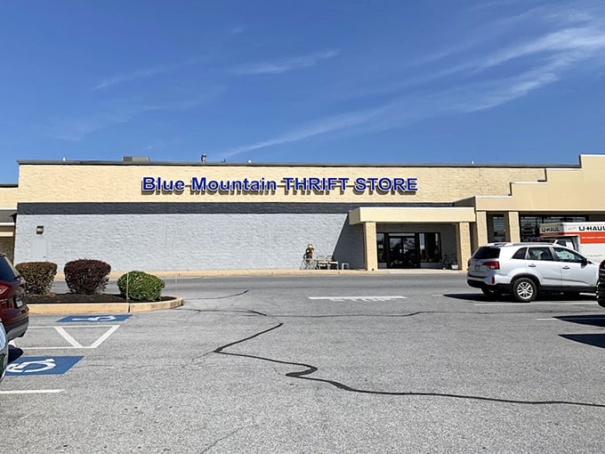 Blue Mountain's clean storefront in Palmyra promises organized aisles of carefully curated secondhand treasures for everyone.