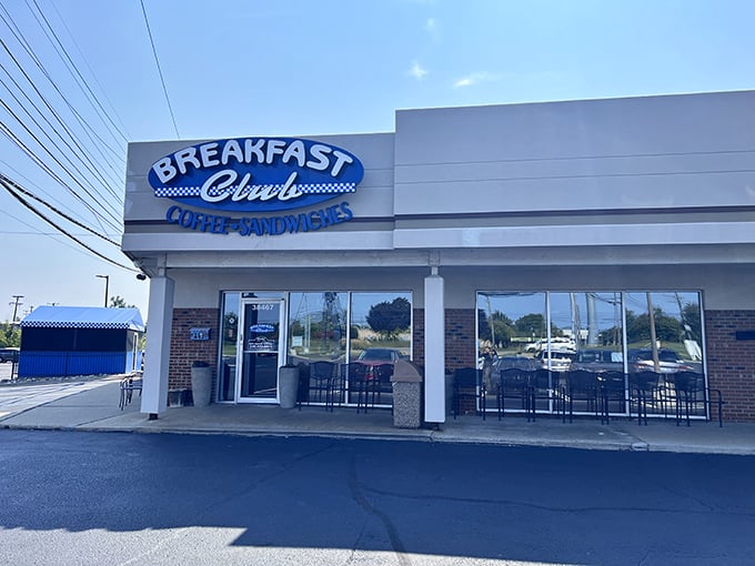 Breakfast Club's blue and white façade promises morning meals that would make John Hughes proud.