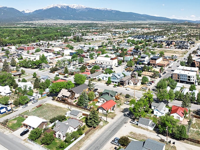 Buena Vista from above – a patchwork of buildings nestled against the mighty Arkansas River with mountains standing watch.