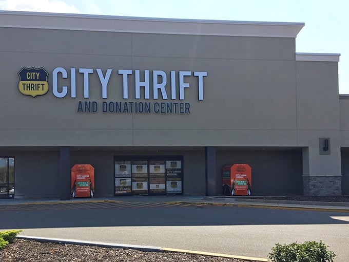 City Thrift isn't kidding around—this place is massive! Those donation bins hint at the fresh treasures arriving daily.