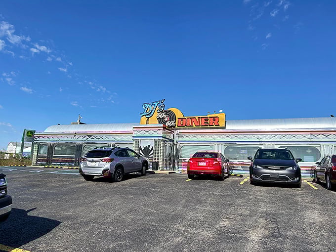DJ's 50's & 60's Diner gleams in the sunlight like a chrome time capsule. Elvis would feel right at home here.