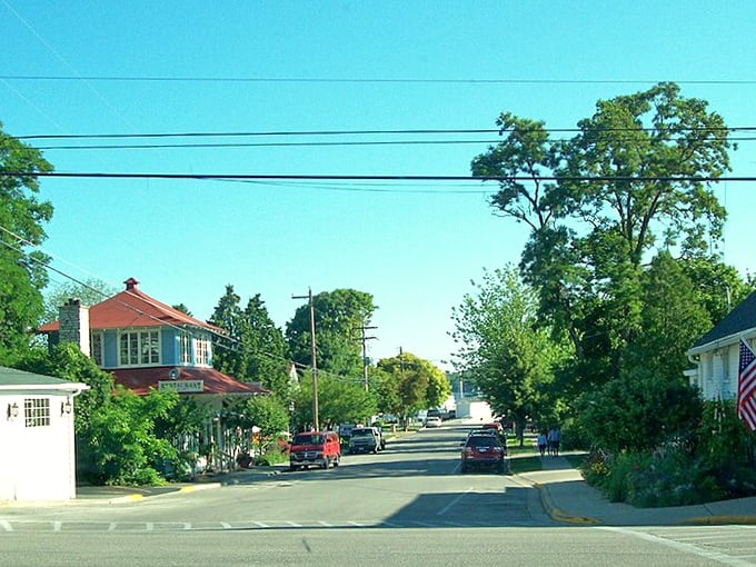 Fish Creek's uphill climb rewards the curious with promises of Door County delights—that red-roofed restaurant at the summit is basically Wisconsin's culinary North Star.