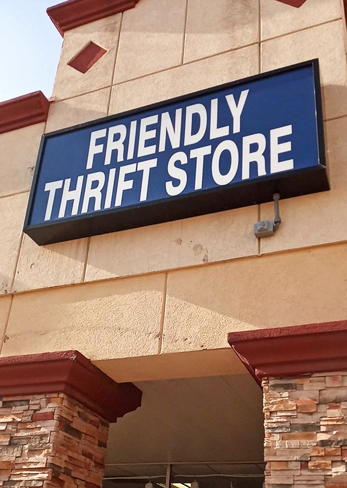 The Friendly Thrift Store sign delivers on its promise – a warm welcome to a community of dedicated treasure hunters.