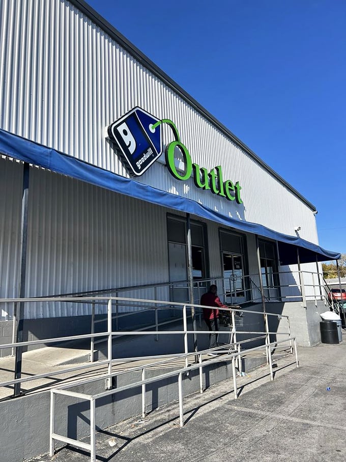 Goodwill's Outlet entrance looks ordinary, but inside awaits the ultimate treasure hunt by the pound.