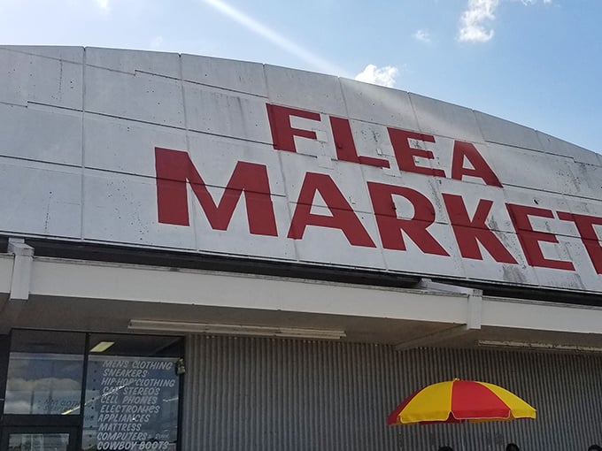 The no-nonsense signage at Jefferson Davis Flea Market promises exactly what it delivers—a bargain hunter's paradise!