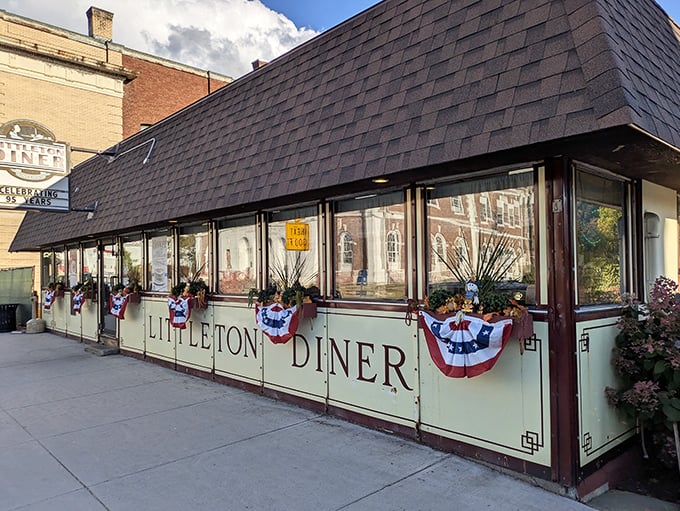 The Littleton Diner's patriotic bunting isn't just decoration—it's announcing "American comfort food done right inside!"