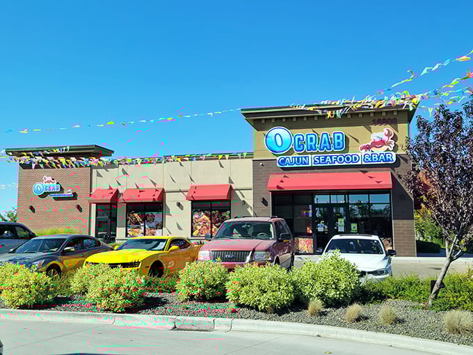 O Crab's festive exterior with colorful flags says "party time" before you even crack your first claw.