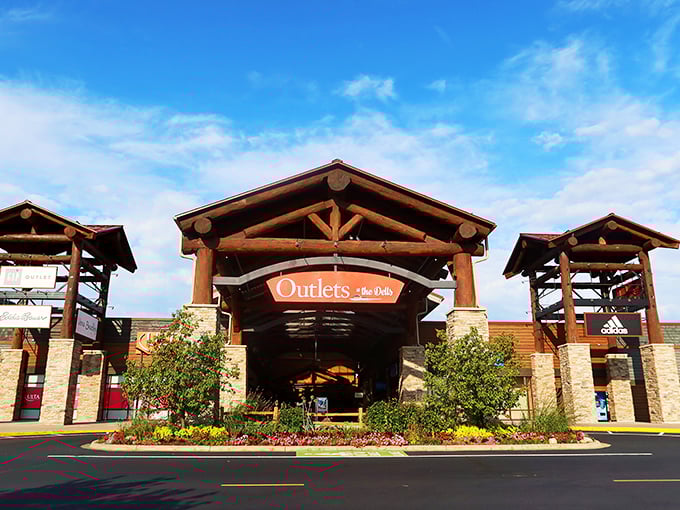 The Outlets at the Dells greets visitors with magnificent timber framing that belongs in a luxury mountain lodge. Shopping with rustic Wisconsin style!