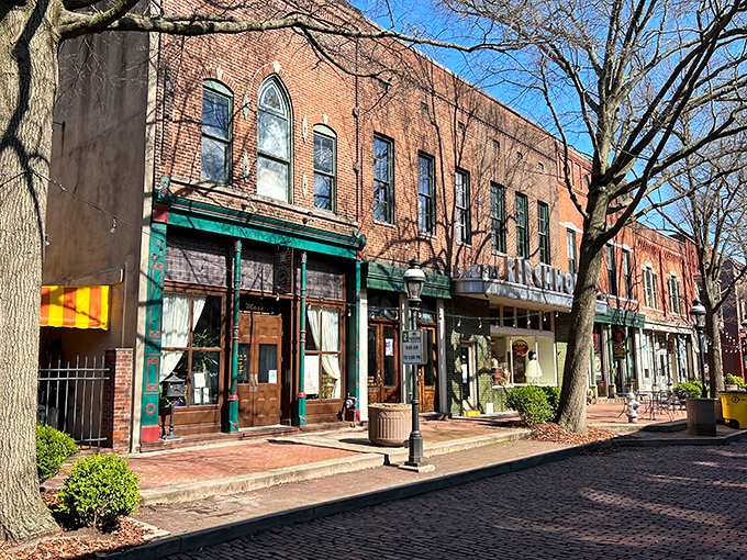 Bright sunshine highlights Paducah’s charming brick storefronts and tree-lined streets, inviting visitors to explore local shops and cozy cafes.