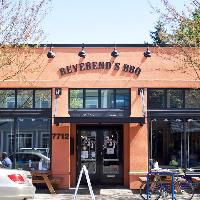 Reverend's BBQ's bright orange facade is impossible to miss. This Portland temple of smoke preaches the gospel of perfectly cooked meat.