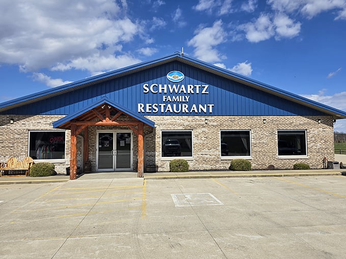 Schwartz Family Restaurant's blue roof signals calm, but inside awaits a delicious storm of flavors that will rock your taste buds.