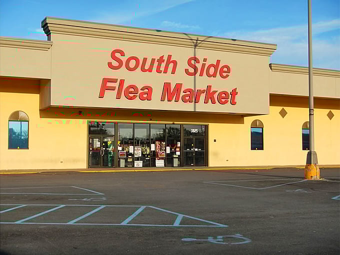South Side Flea Market's no-nonsense exterior hides a wonderland of possibilities behind its bright red signage.