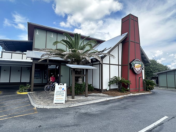 With its dramatic A-frame entrance and tropical landscaping, Stinky's Fish Camp is like the cathedral of casual seafood—a place where gumbo is taken very seriously.