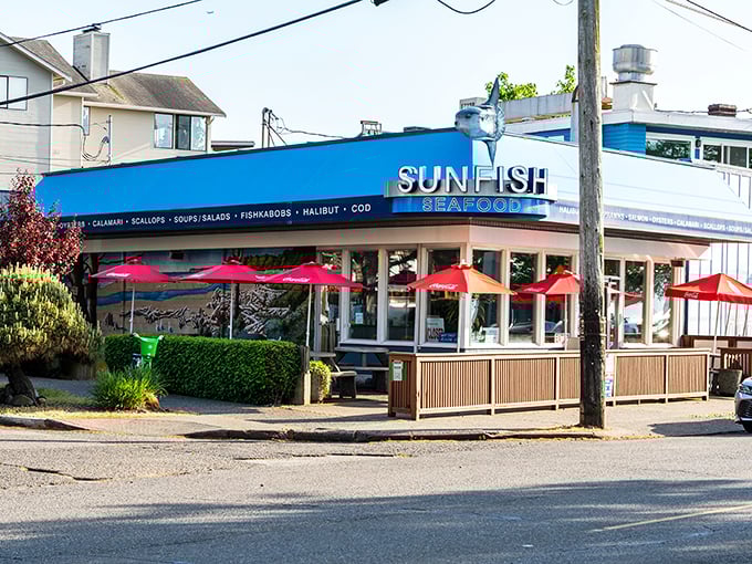 Sunfish's bright blue exterior mirrors Puget Sound's beauty – coastal dining at its most authentic.