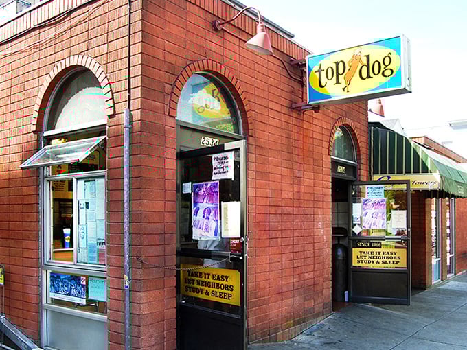 Top Dog's brick facade exudes Berkeley intellect, where bratwurst meets brain food in scholarly bliss.