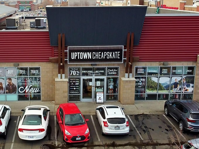 Nestled between colorful buildings, this location brings trendy thrifting to downtown charm.